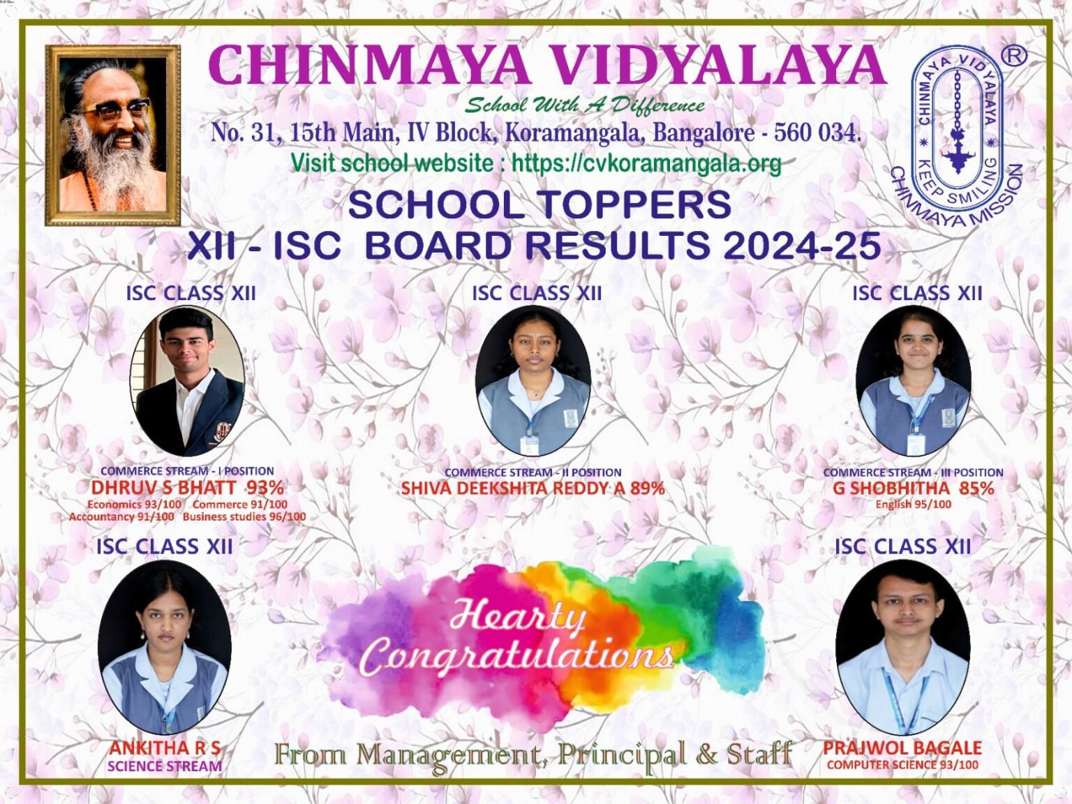 School toppers Board Results 2024-25 - Chinmaya Vidyalaya, Koramangala